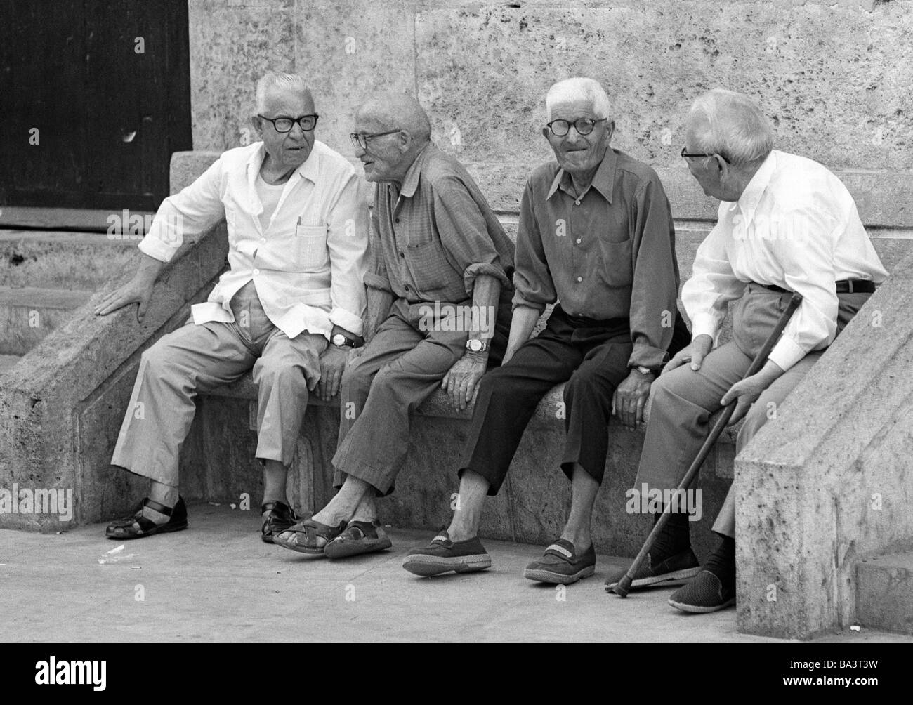 Seventies, black and white photo, people, older people, four older men ...