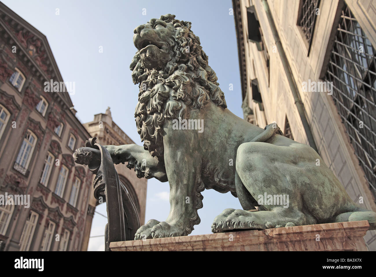Germany Bavaria Munich residence lion-statue from below waiter-Bavaria ...