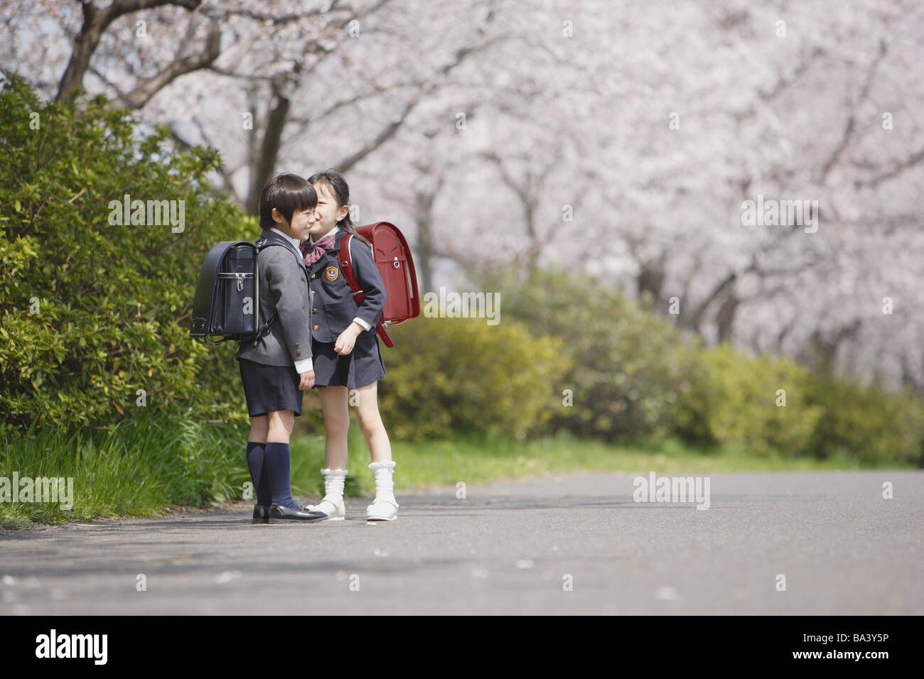 Schoolmate whispering on road Stock Photo - Alamy