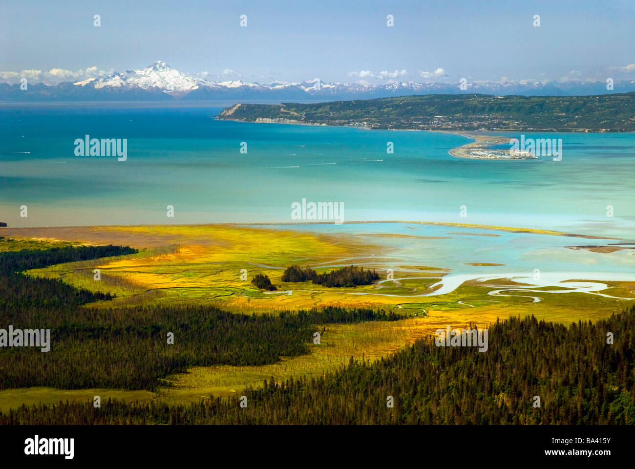 Aerial view over the salt marsh of China Poot Bay and with Kachemak Bay ...