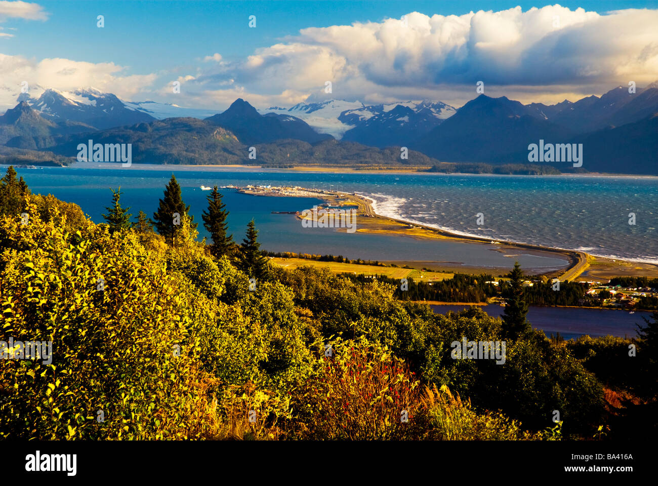 Aerial view over the salt marsh of China Poot Bay and with Kachemak Bay ...