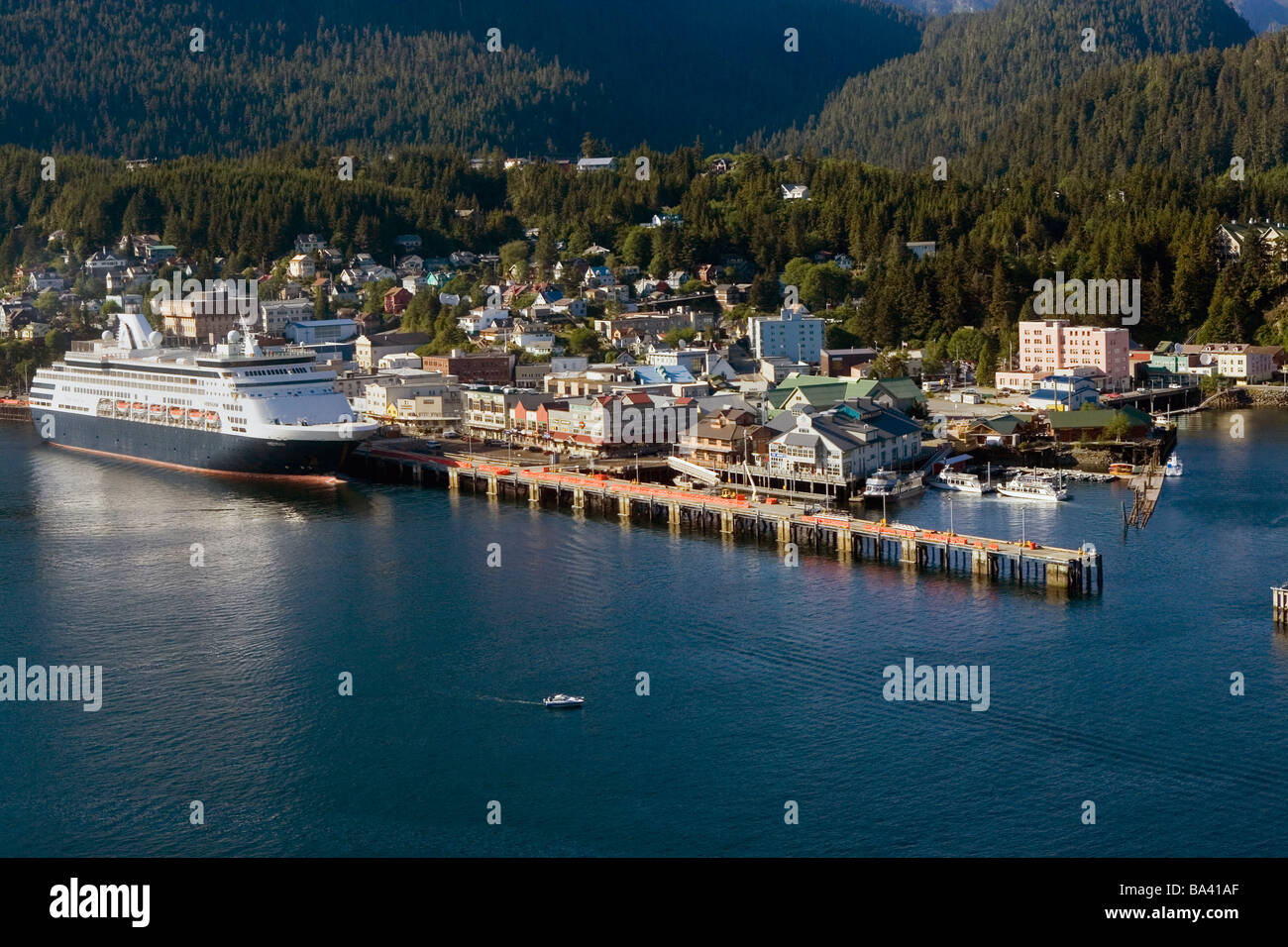 Aerial of Holland America Cruise ship *Veendam* @ dockside Ketchikan ...