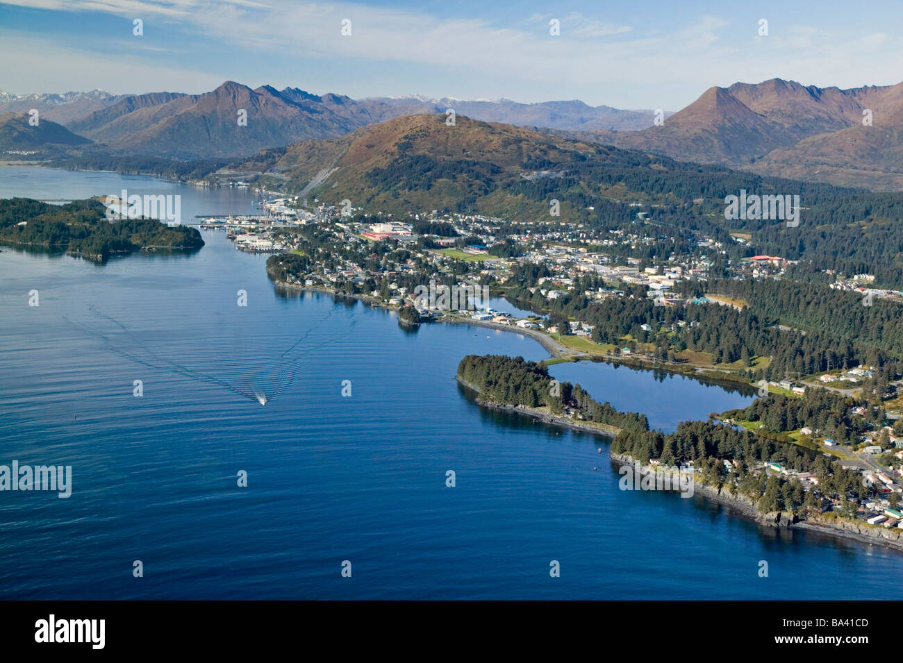 Aerial of the town of Kodiak on Chiniak Bay Kodiak Island Southwest ...