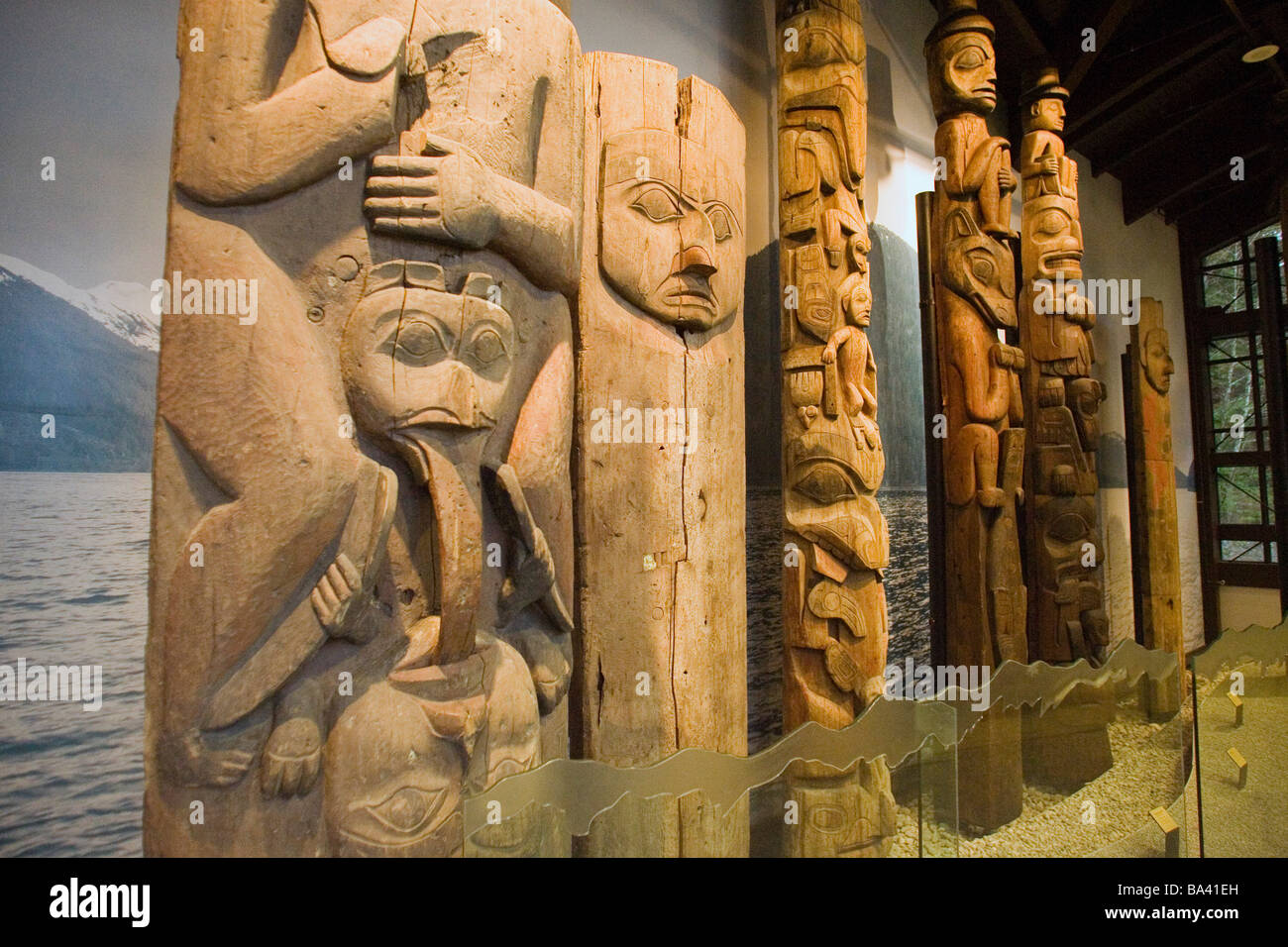 Historical totem poles on display inside Sitka National Historical Park ...