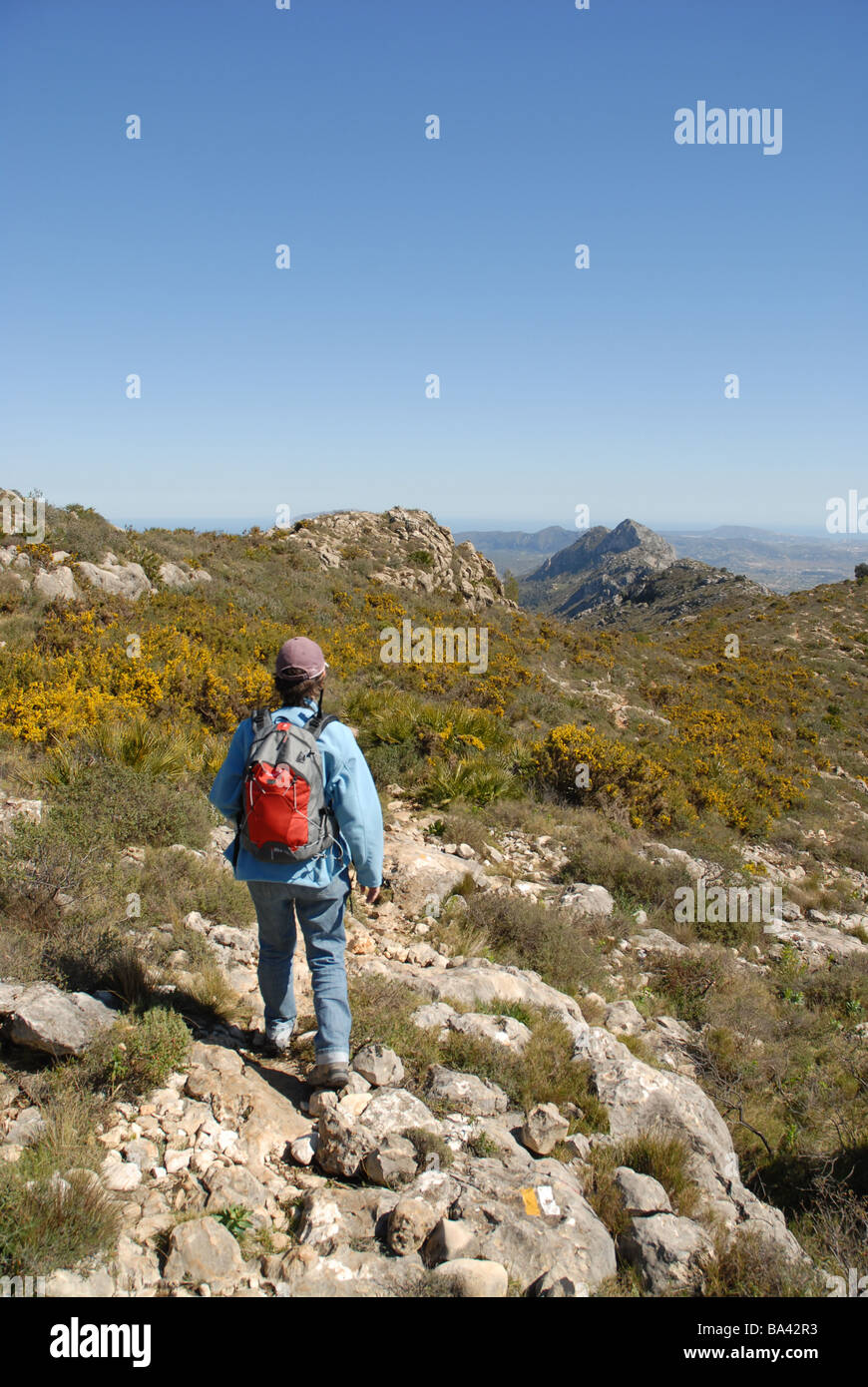woman hiker on Penya Roig with Cavall Verd in distance, near ...