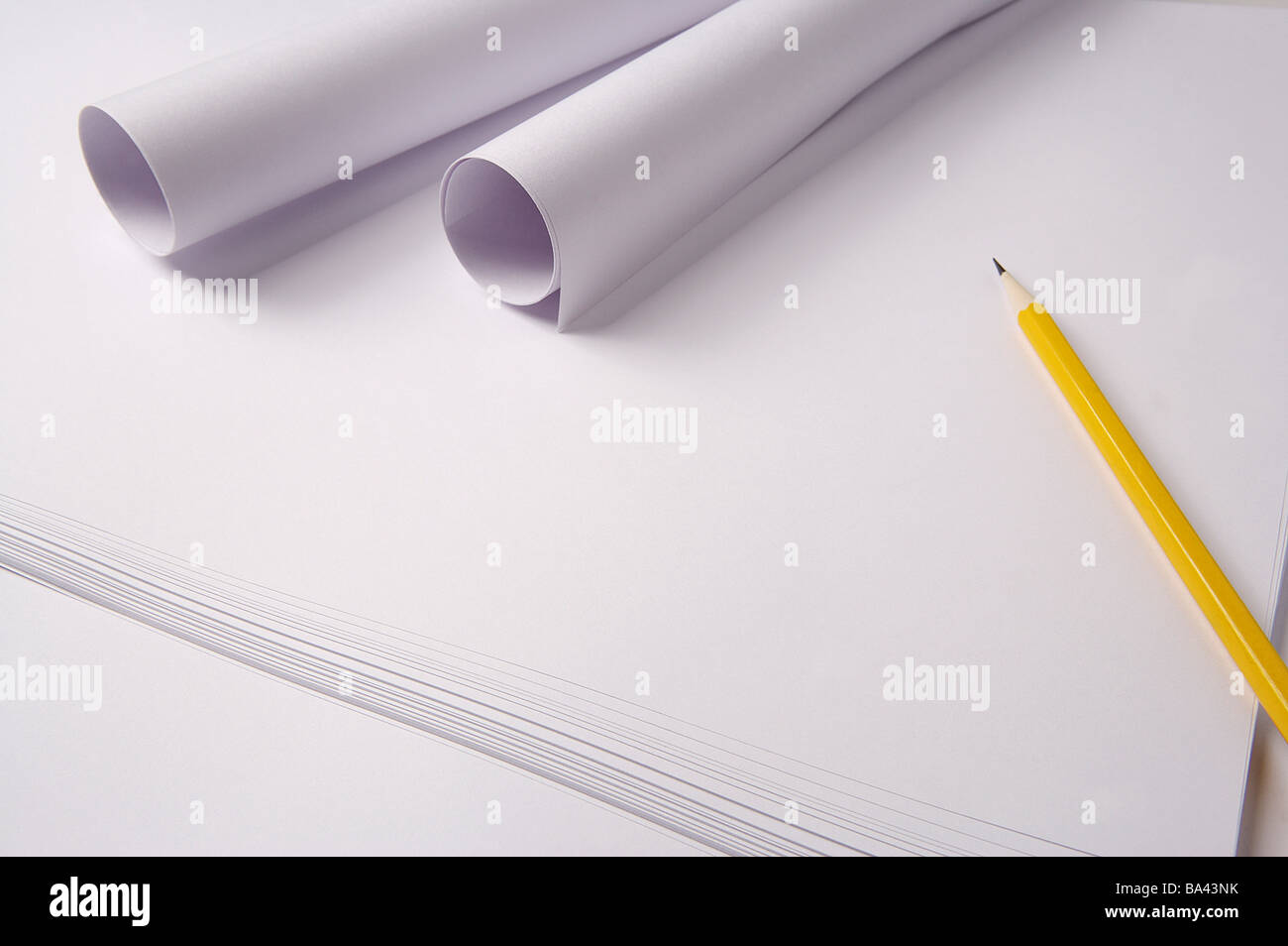 Pencil and rolled up papers Stock Photo - Alamy