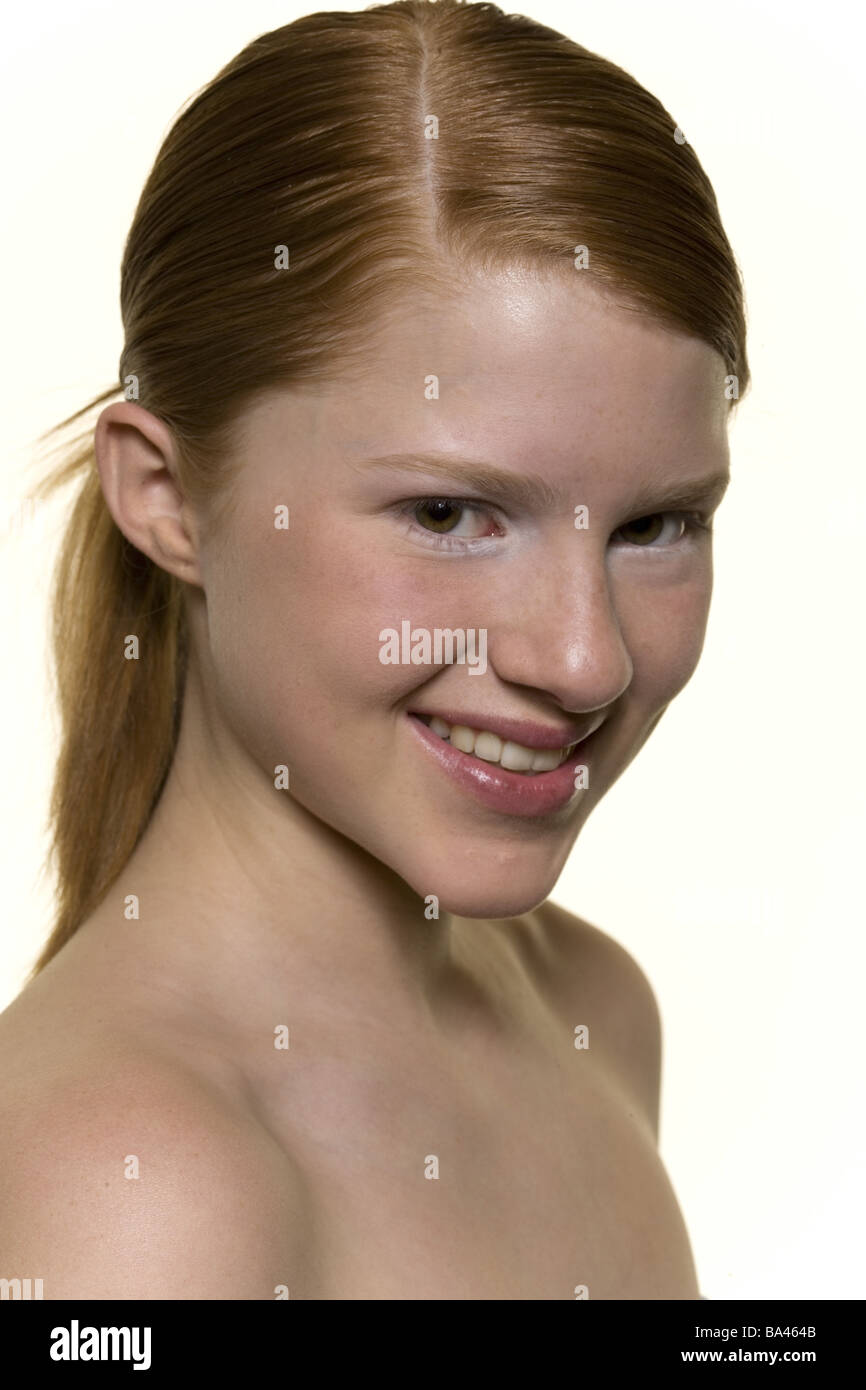 Girls Red Hairy Gaze Camera Laughs Portrait Series People Teenagers 10