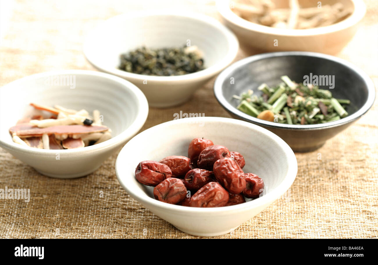 FIve dishes of Chinese dried herb Stock Photo - Alamy