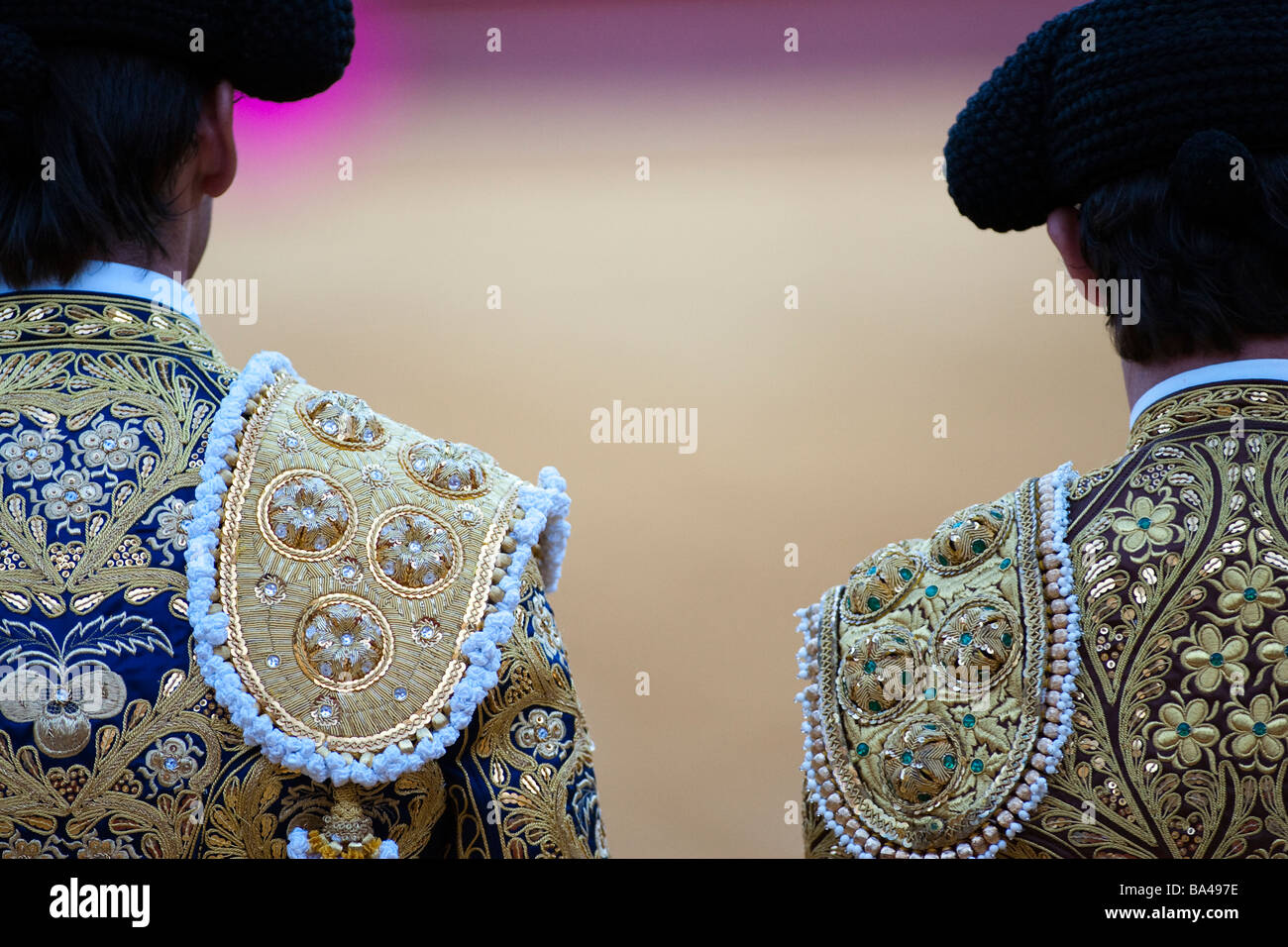 Couple of bullfighters with details of their trajes de luces or ...