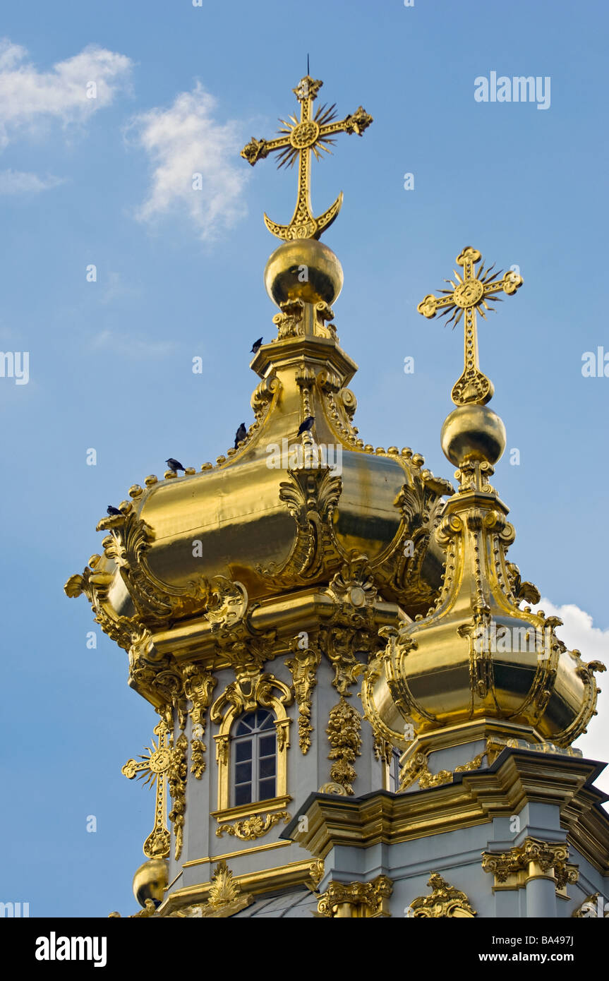 The Gilded Tower of the West Chapel at the Peterhof Palace. Peterhof ...