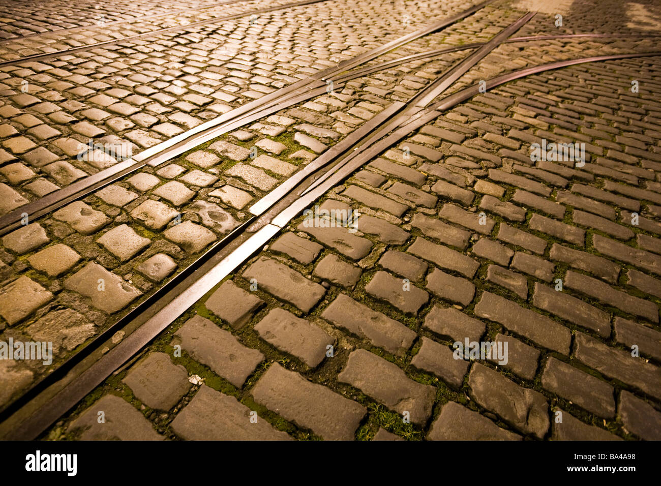 Tramway tracks on a cobblestone road Dublin Ireland Stock Photo - Alamy