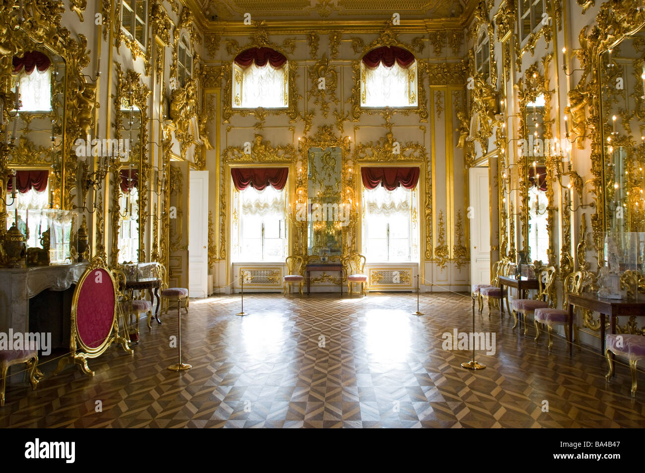 Golden Mirrored Ballroom in the Peterhof Palace. Peterhof, Russia Stock ...