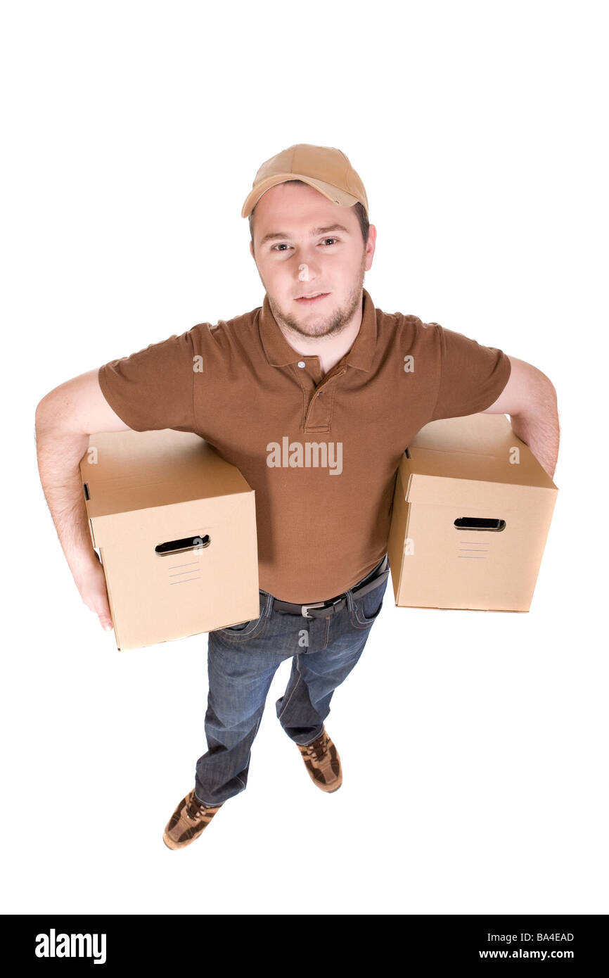delivery man with a package on white background Stock Photo - Alamy