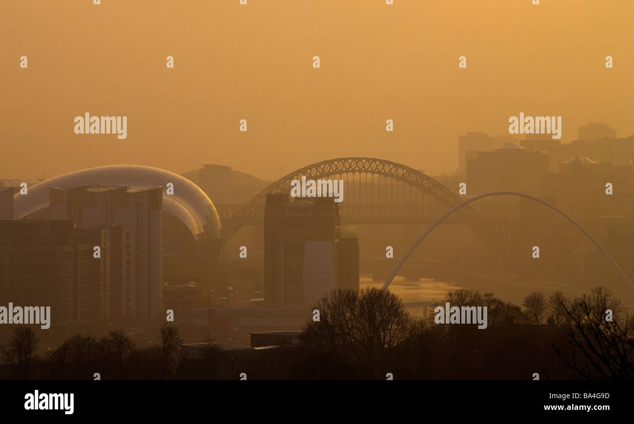 View down the tyne river and bridges at sunset from byker, Newcastle ...
