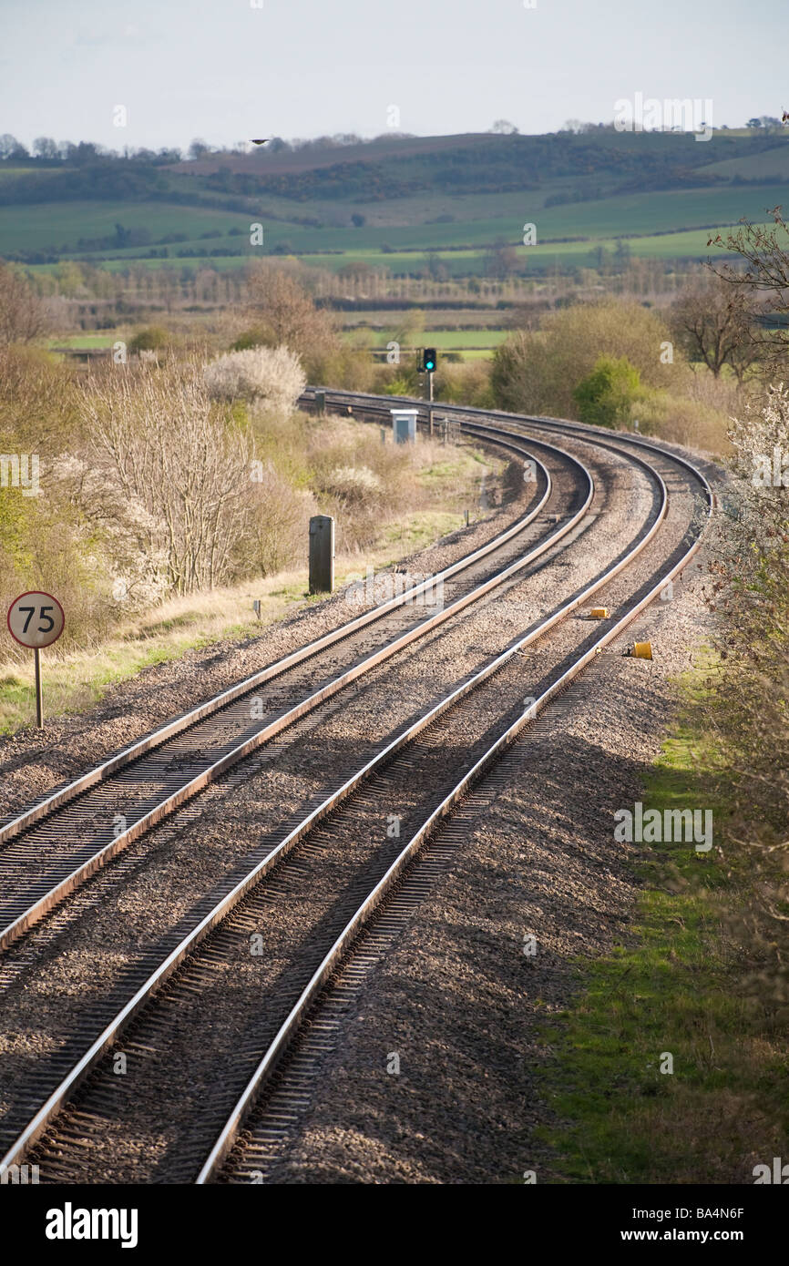The Chiltern Main Line railway track south of Leamington Spa looking ...