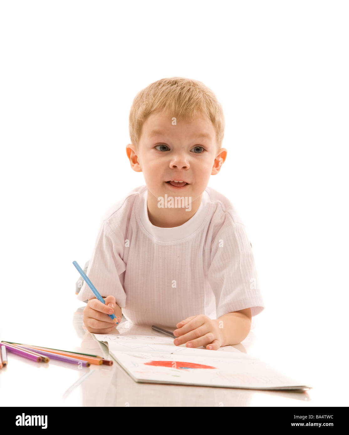 small boy with pencil on white background Stock Photo - Alamy