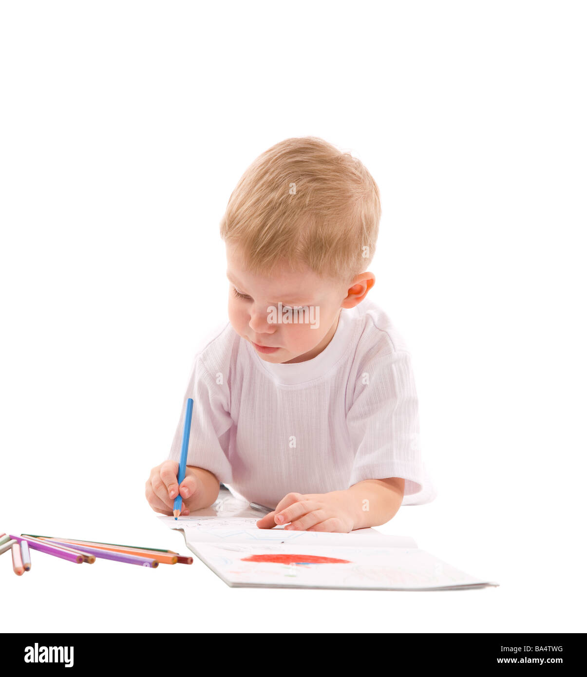 small boy with pencil on white background Stock Photo - Alamy