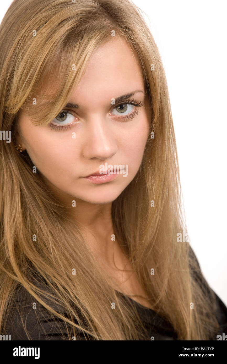 portrait of strict woman on a white background Stock Photo - Alamy
