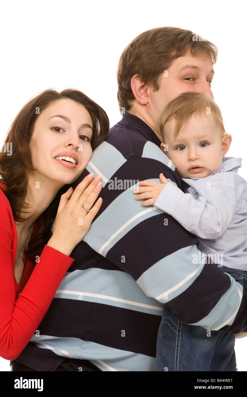 Happy family of three person on a white background Stock Photo - Alamy