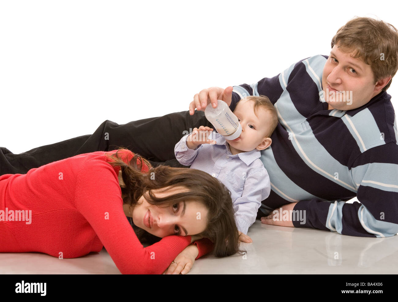 Happy family of three person on a white background Stock Photo - Alamy