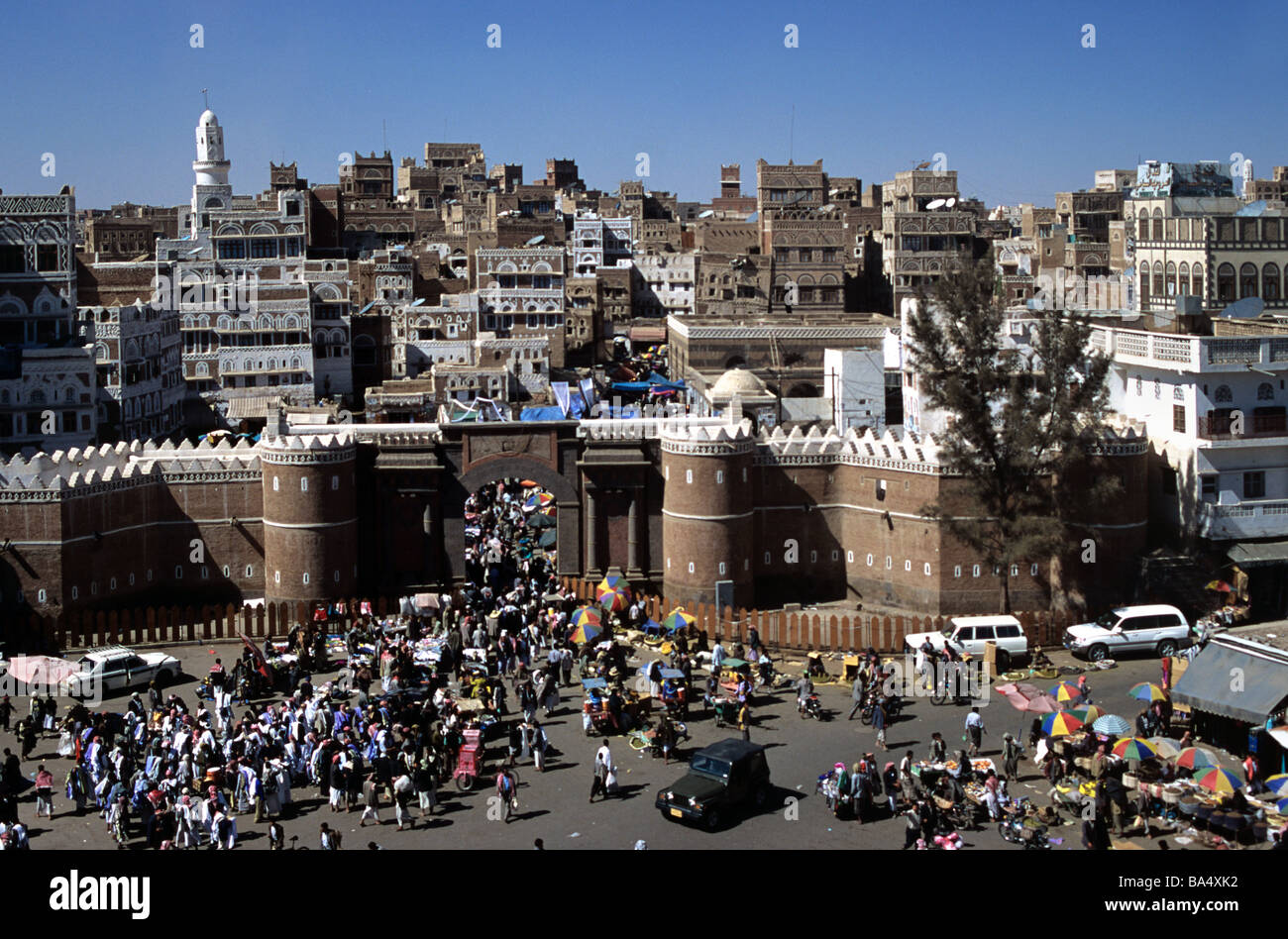 Crowds in front of the Bab-al-Yemen Gate, the southern entrance in old ...
