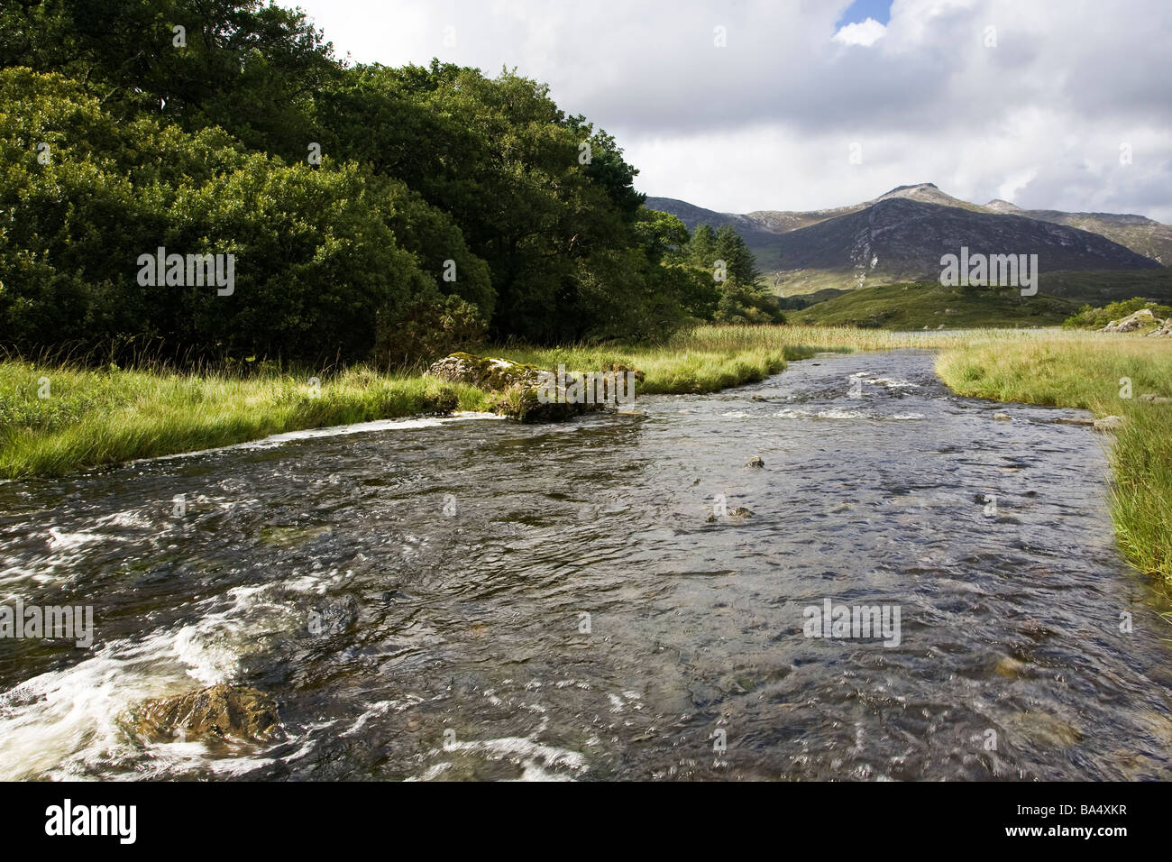 Irish river with rapids surrounded by mountains and lush green ...