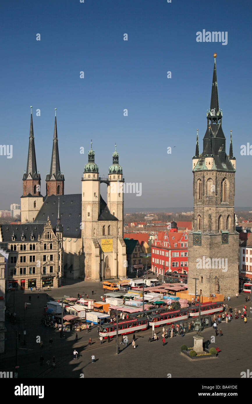 market church, red tower and chateau in Halle (Saale), Germany Stock ...