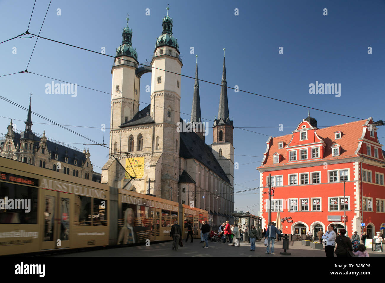 marketplace with chateau and market church in Halle, Germany ...