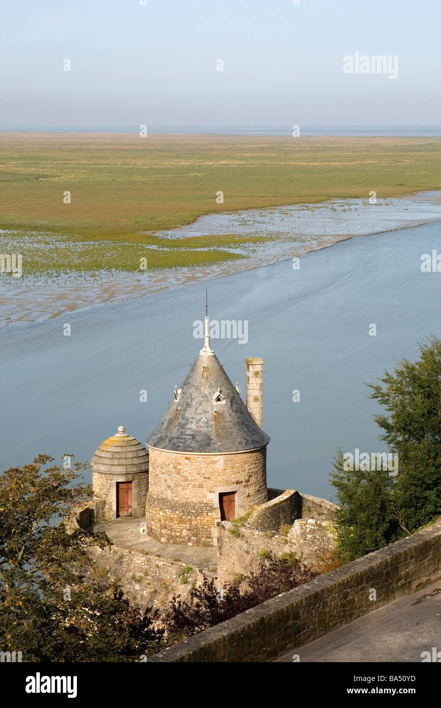 A view of the bay at low tide from Mont Saint Michel, Normandy France ...