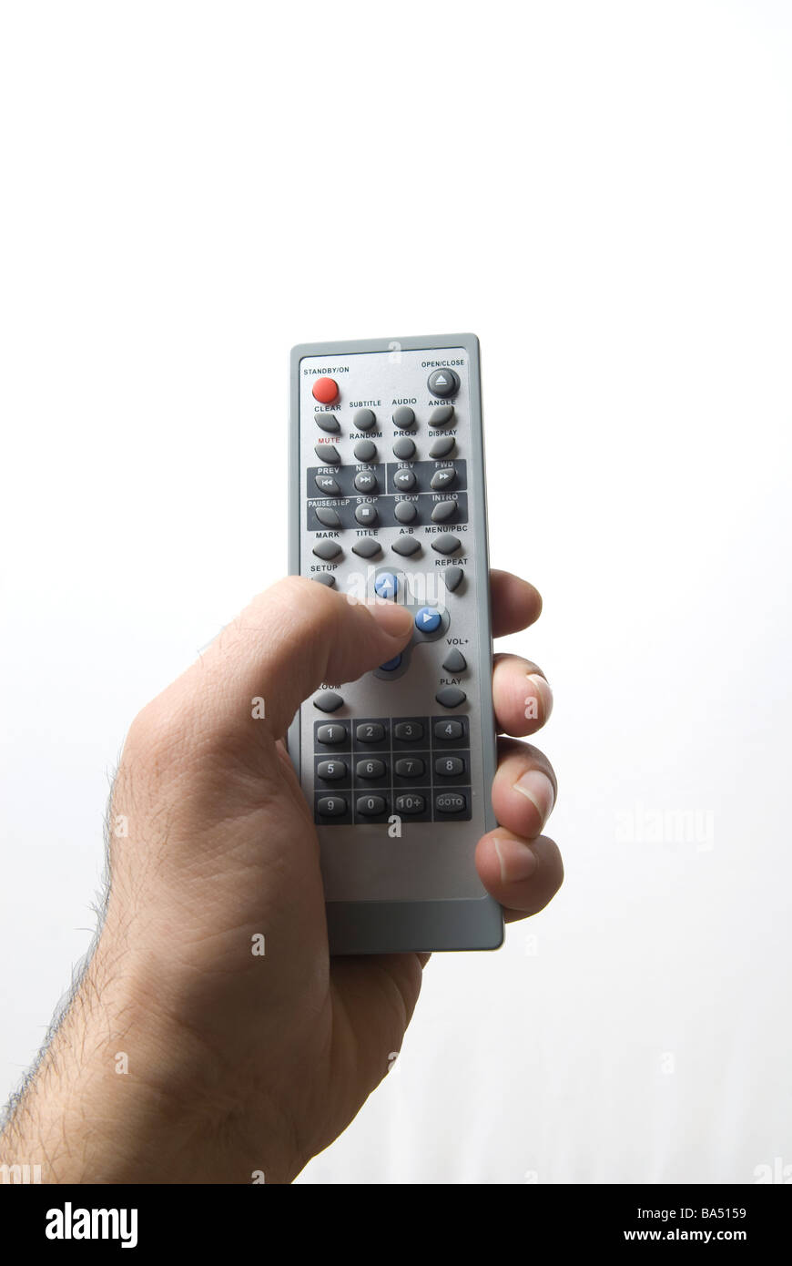 Hand holding a remote control against a white background Stock Photo ...