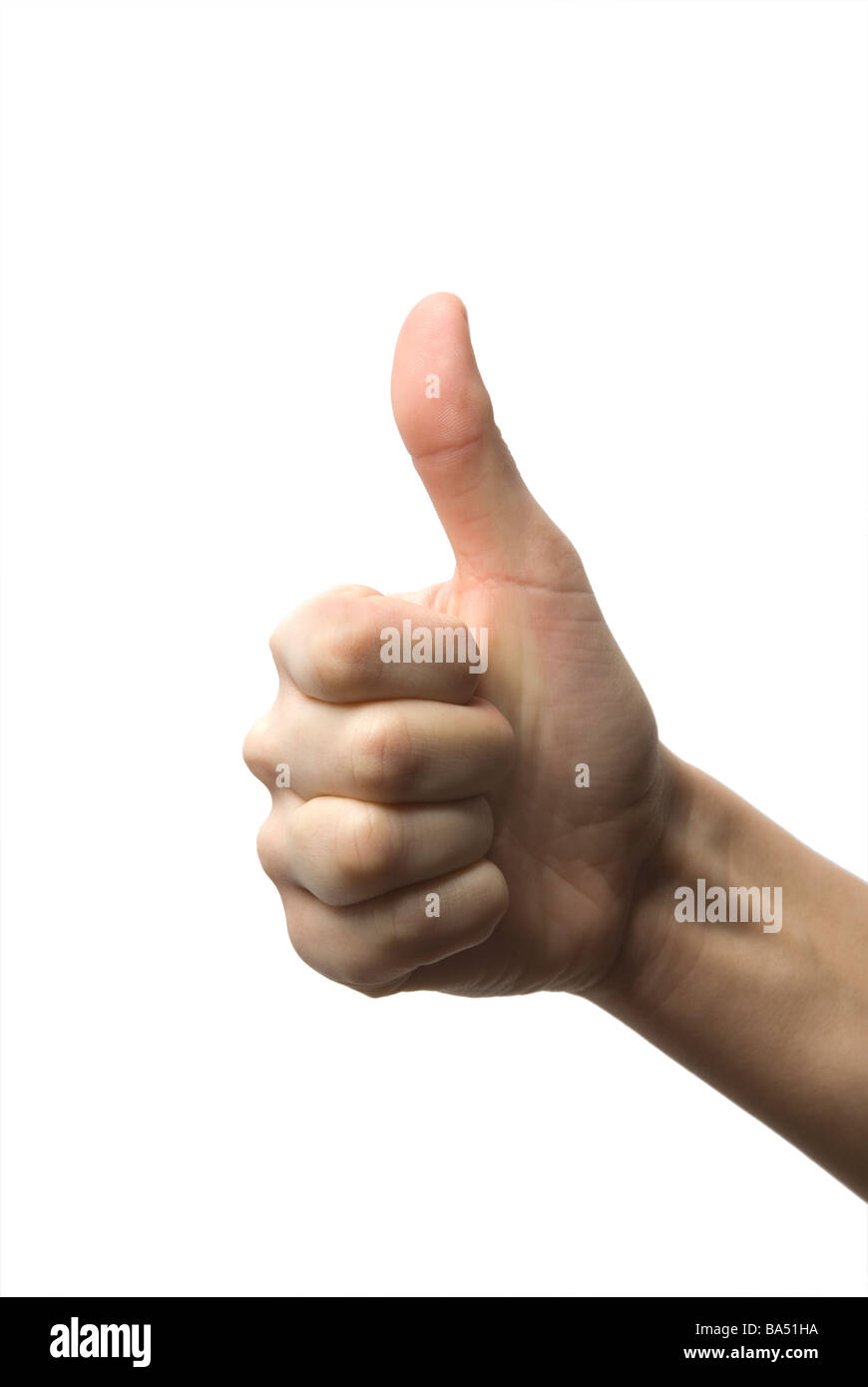 Hand showing thumbs up gesture against a white background Stock Photo ...