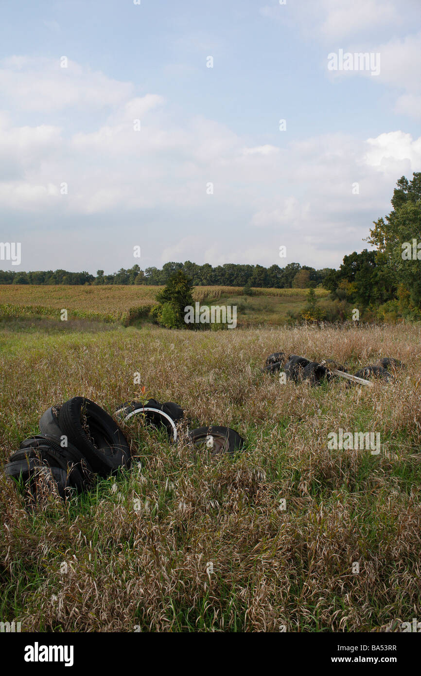 Abandoned field land nobody in Michigan USA on blue sky background ...