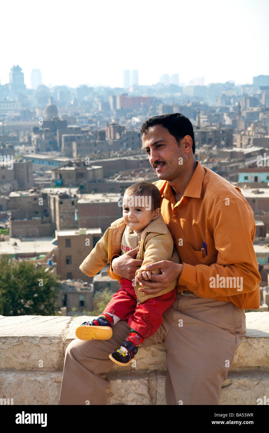 Egyptian father and child posing for photoraph at al-Azhar Park, Cairo ...