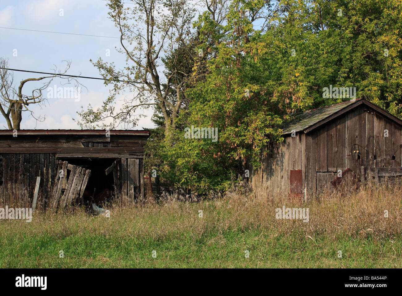 A abandoned old wooden farm house with a barn rural landscape in USA US ...