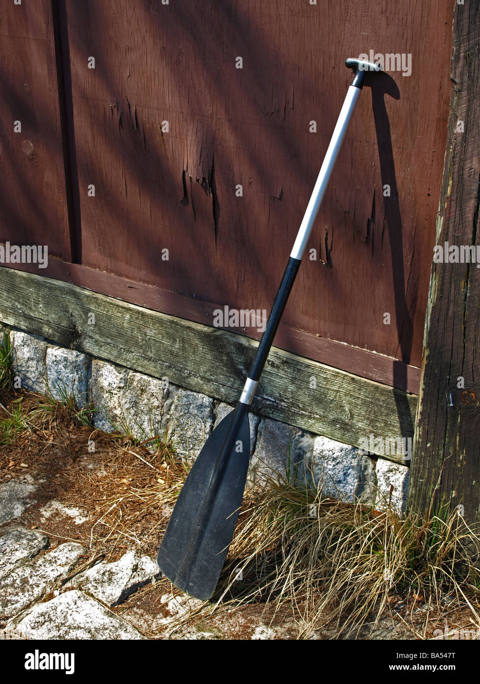 canoe or boat paddle leaning on a worn wall purple in color with a ...