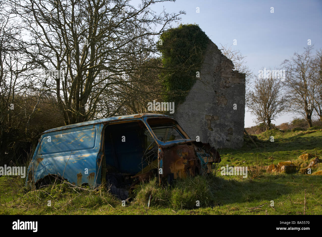 old blue rusted abandoned wreck of an old mini van in a field next to ...