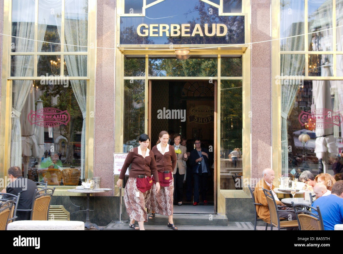 Two waitresses outside Gerbeaud coffee house, Budapest, Hungary Stock ...