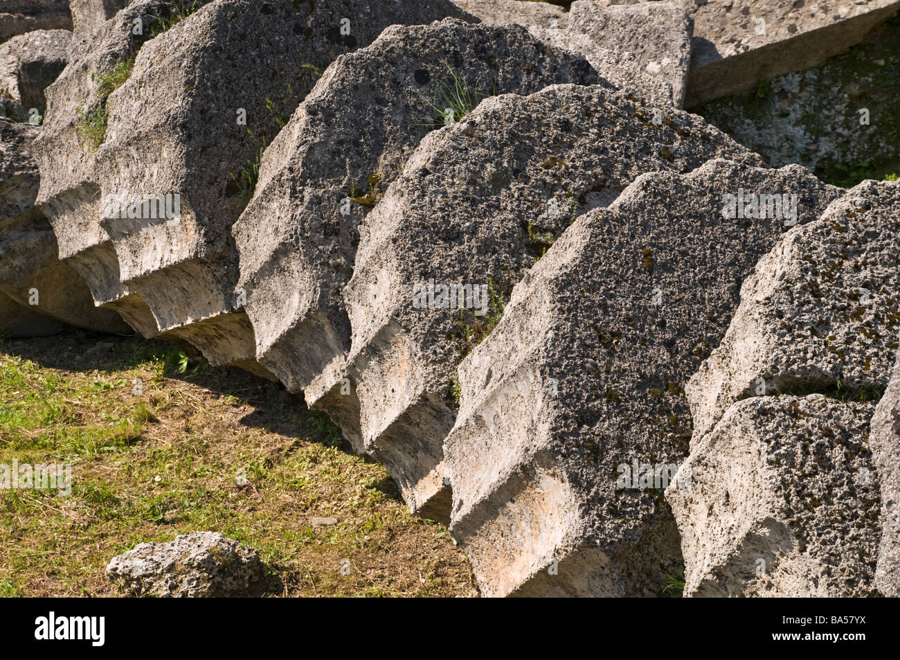 Fallen column drums at the Temple of Zeus at ancient Olympia ...