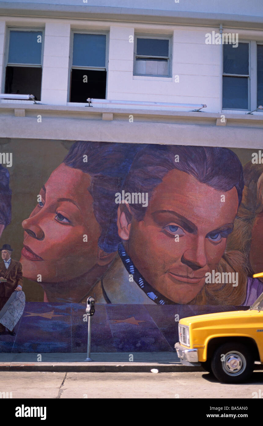 Mural painted on a side of building depicting stars of old Hollywood ...