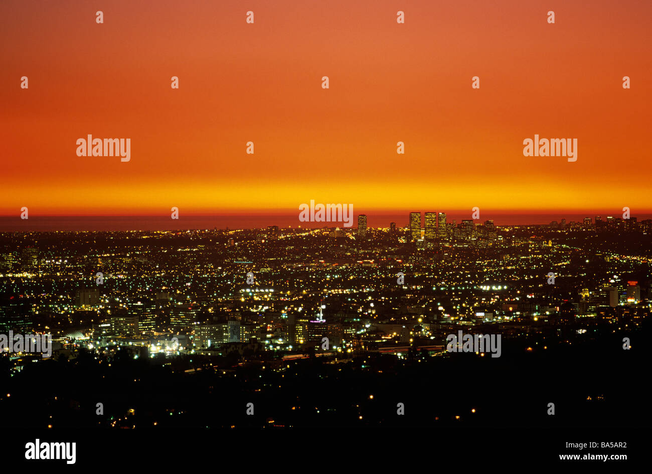 Century city and Santa Monica at sunset from Griffith park Los Angeles ...