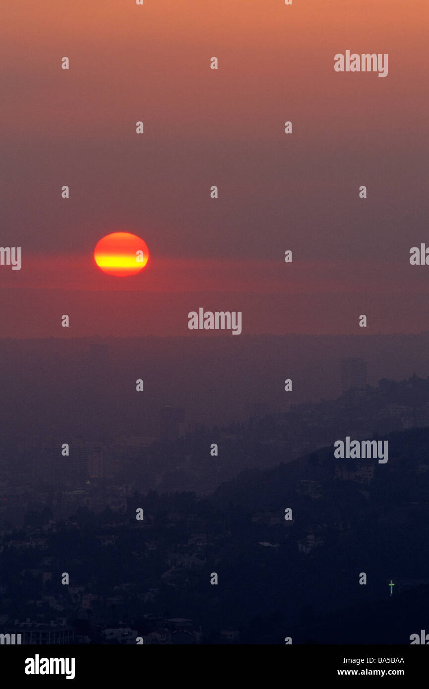 Sunset with smog from Griffith park Los Angeles California USA Stock ...