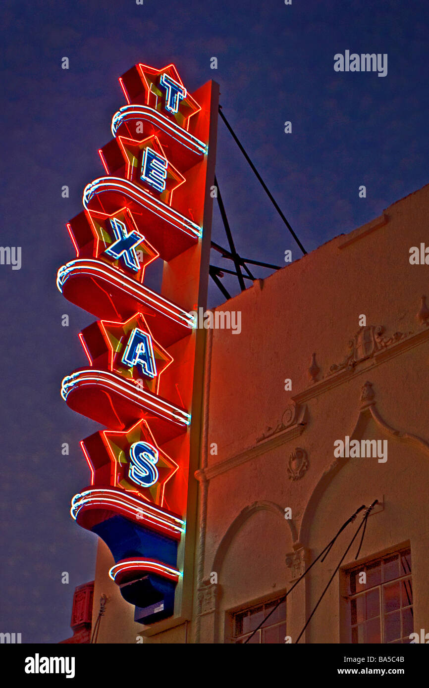 Texas Theater sign at dusk with glowing neon lights, the national ...