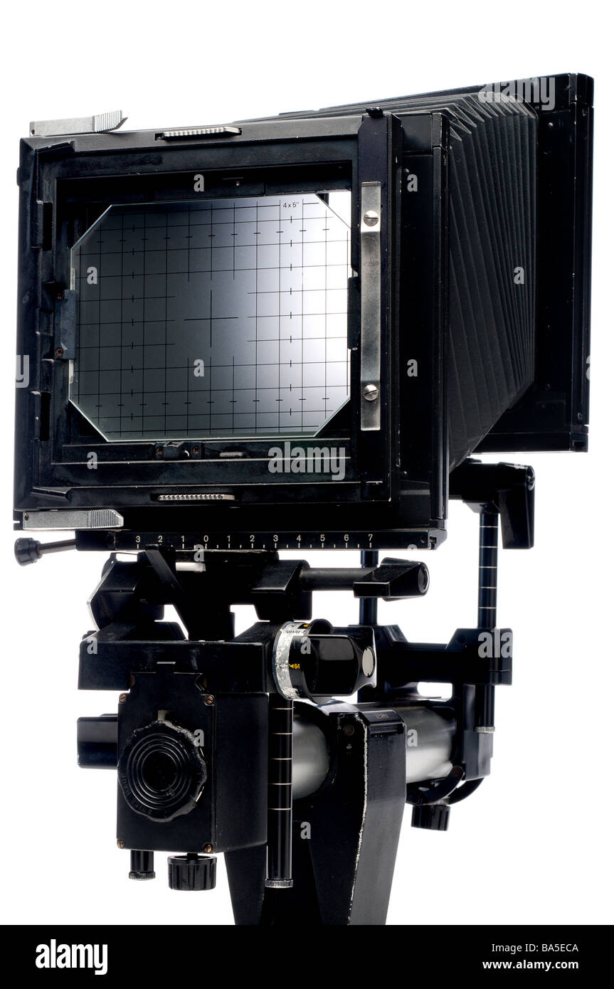 A vertical view of the back of a large format 4x5 view camera on white ...