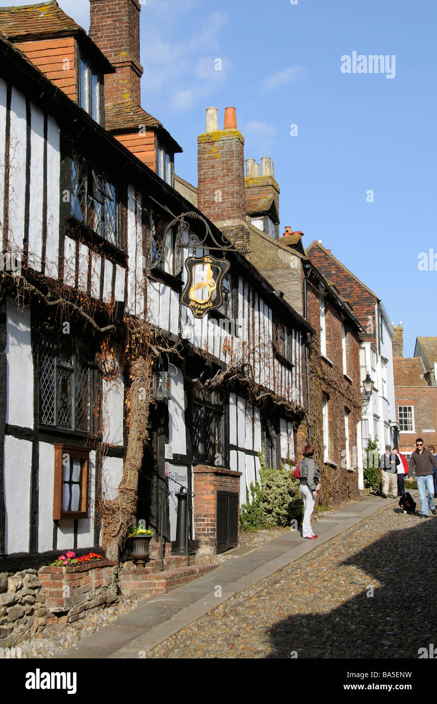 Buildings on the historic Mermaid Street in Rye a medieval Cinque ports ...