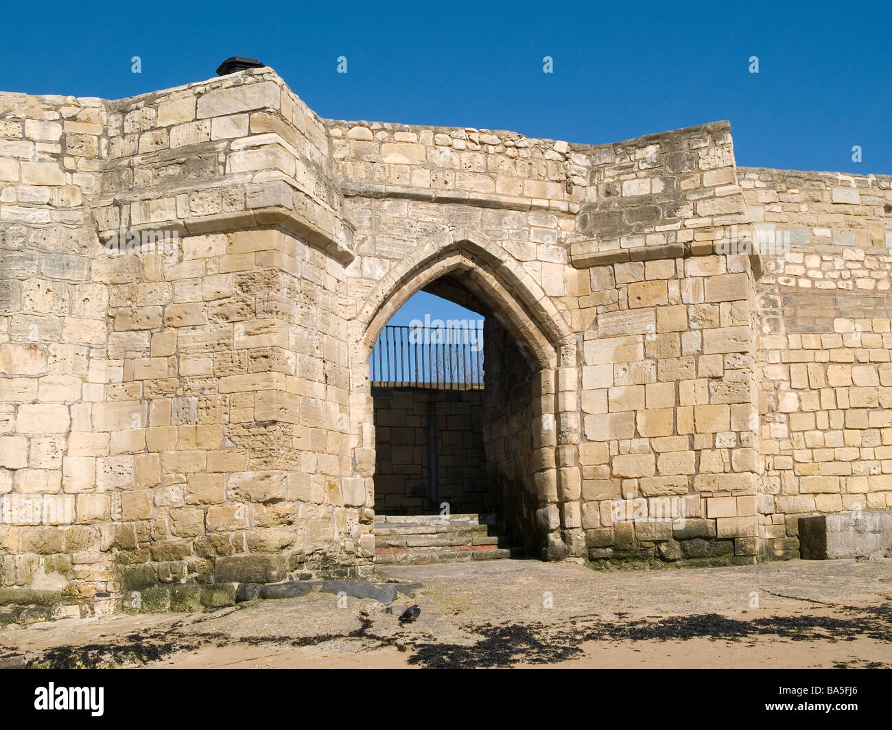 Sea wall originally built in medieval times at Hartlepool Headland ...