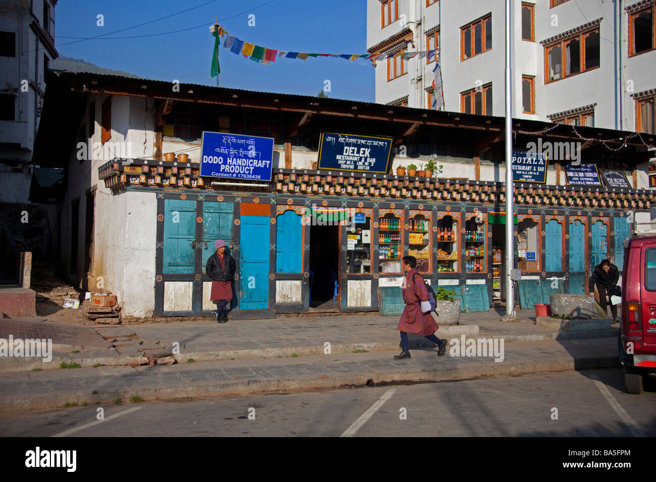 Typical House / shops in Capital city of Bhutan THIMPHU, brightly ...