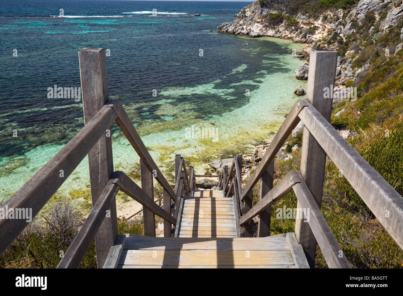 A boardwalk leads down to the water at Parker Point on Rottnest Island ...