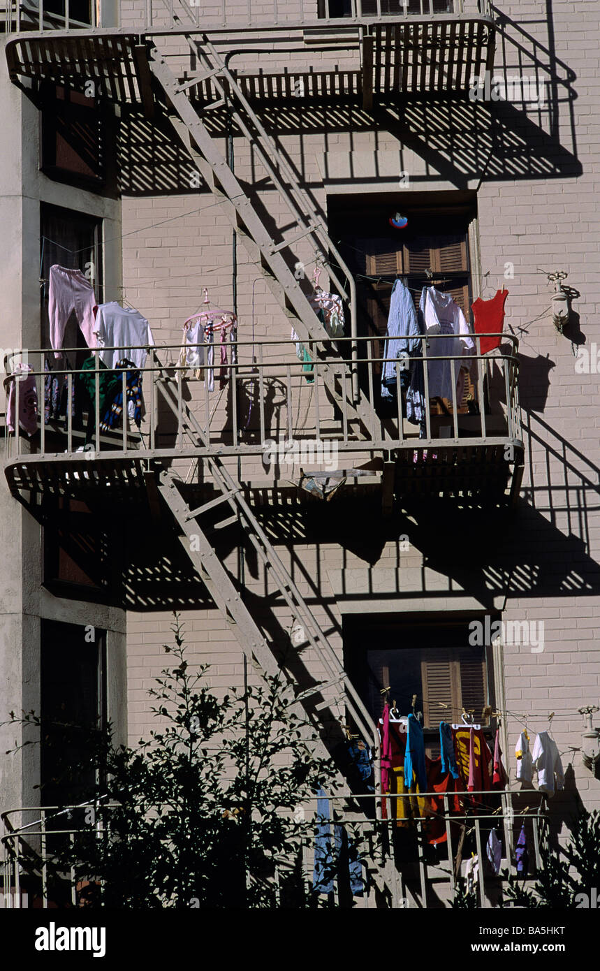 San Francisco China town with laundry on clothes line hanging on ...