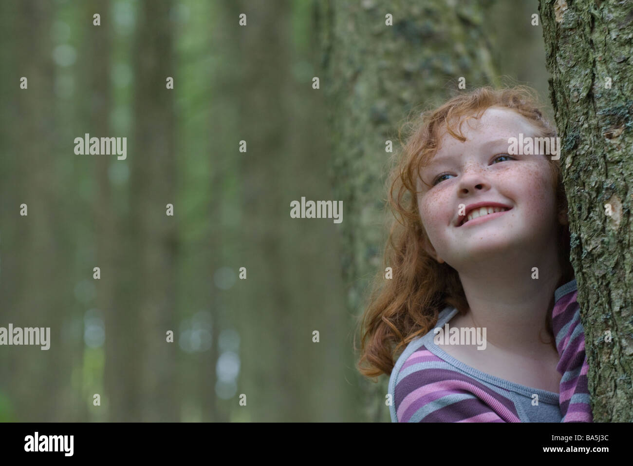 Young Girl playing in forest peering around tree Stock Photo - Alamy