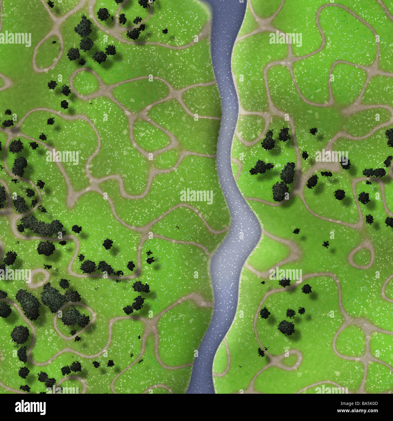 Illustration of overhead nature trails with forest and river Stock ...